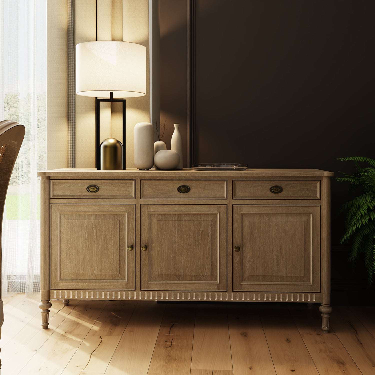 Willow Limed Wash French 3 Door Sideboard - Maison Haven Furniture